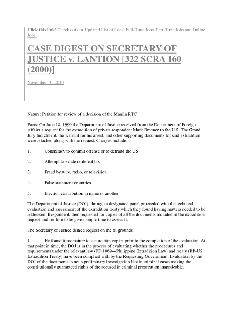Case Digest On Secretary of Justice V. Lantion (322 Scra 160 (2000 ...