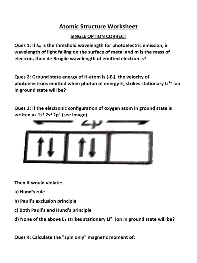 Atomic Structure Worksheet | PDF | Atomic Orbital | Emission Spectrum