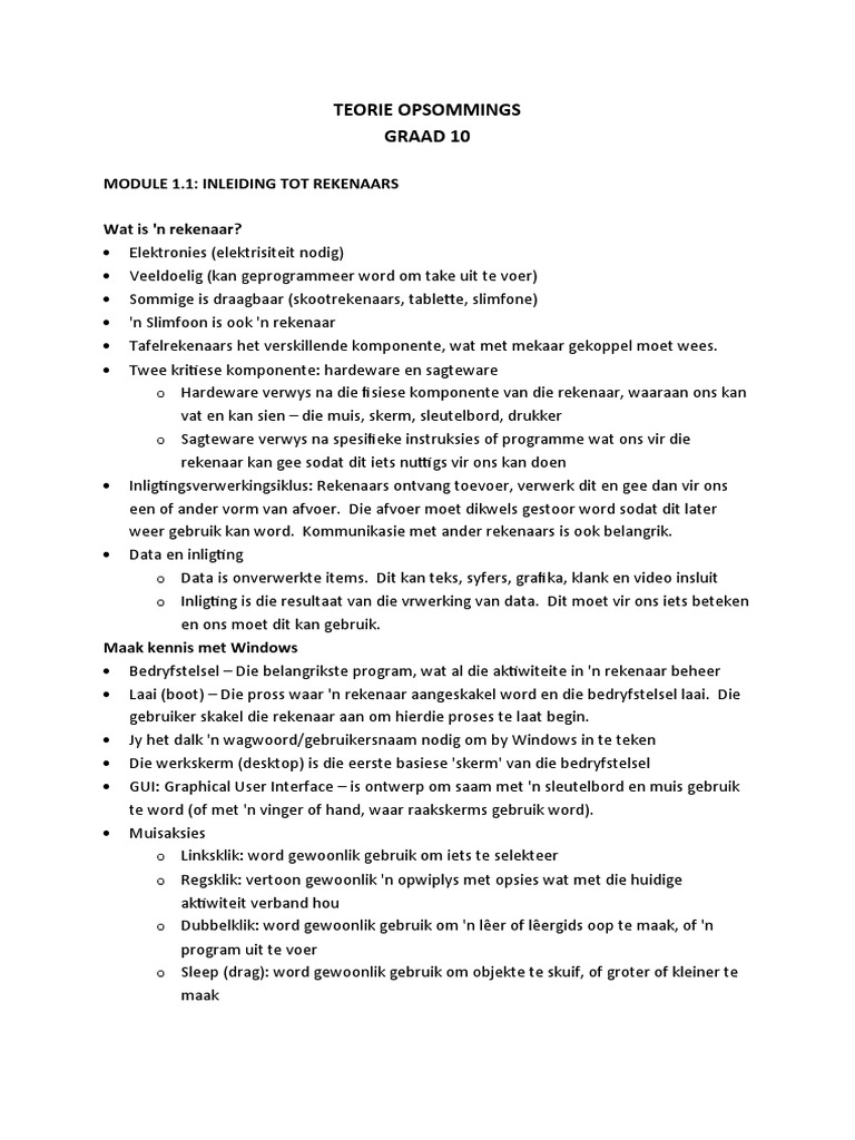 Opsommings Gr 10 Tot 12 Teorie | PDF