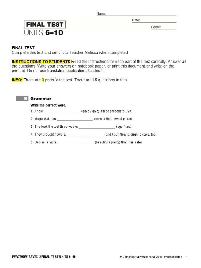 Ventures Level 2 Final Test Units 6-10 | PDF