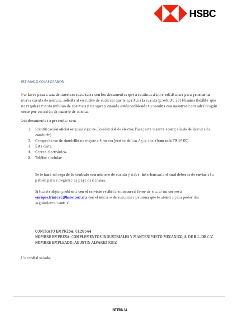 Carta Apertura de Cuenta en Suc Nomina HSBC COMPLEMENTOS | PDF