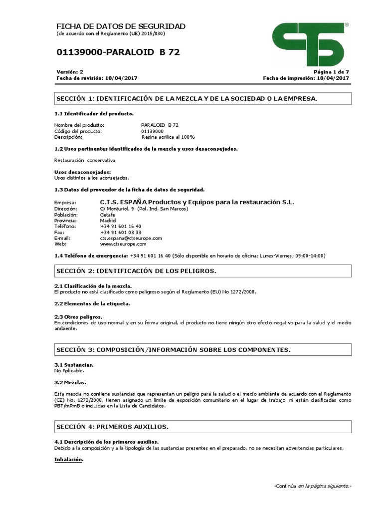 Ficha de Seguridad Paraloid B 72 | PDF | Ciencias fisicas | Química