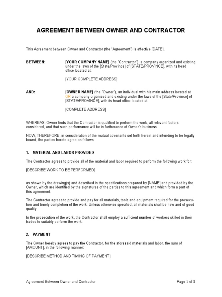 Agreement Between Owner and Contractor | PDF | General Contractor | Employment