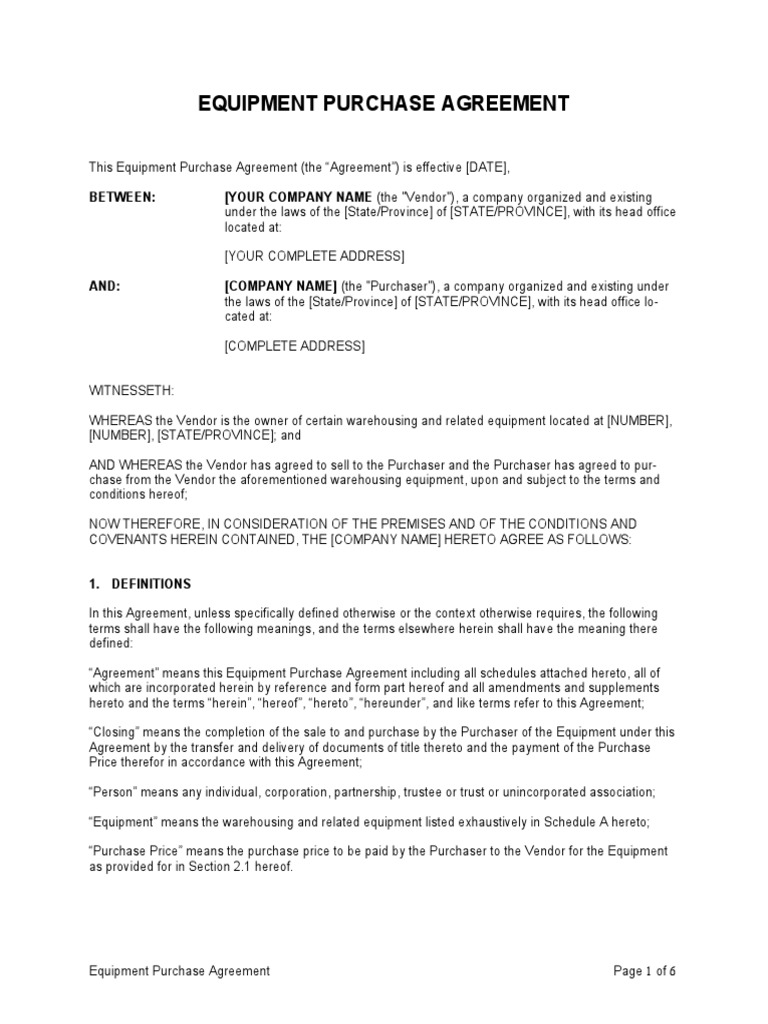 Equipment Purchase Agreement | PDF | Civil Law (Legal System) | Business