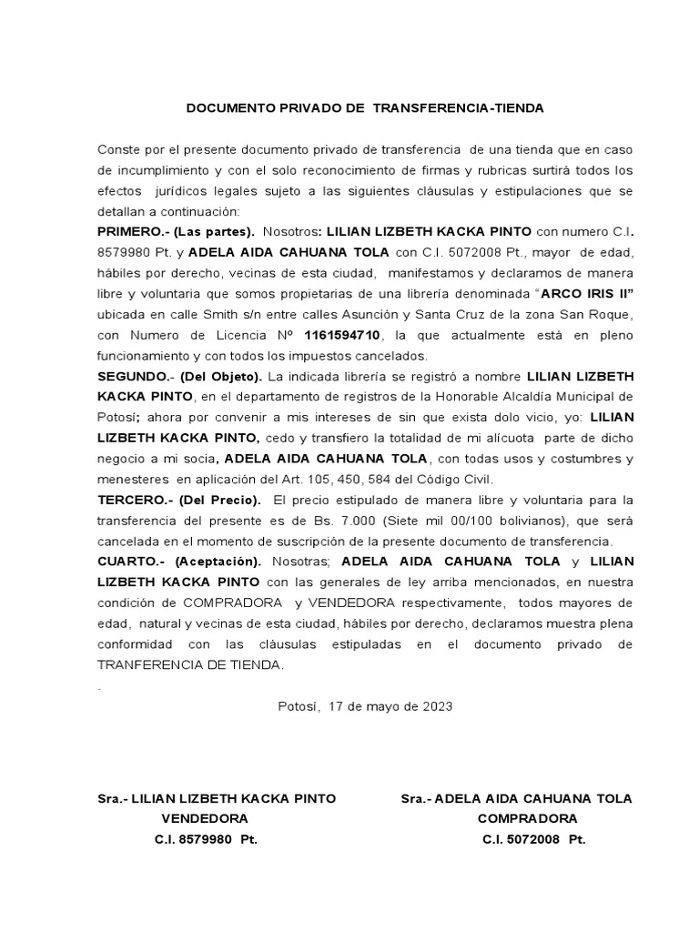 Documento Privado de Transferencia Tienda | PDF | Derecho