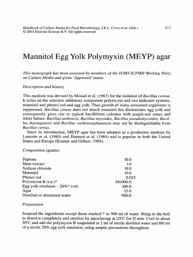 Mannitol Egg Yolk Polymyxin Meyp Agar 2003 | PDF | Bacillus | Medical ...