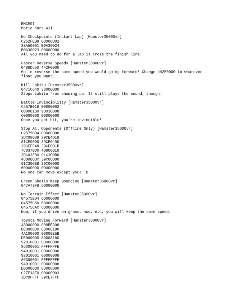 Mario Kart Wii Codelist | PDF | Fantasy Video Games | Nintendo