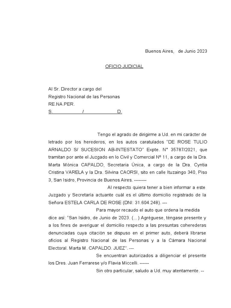 OFICIO RENAPER DE ROSE | PDF