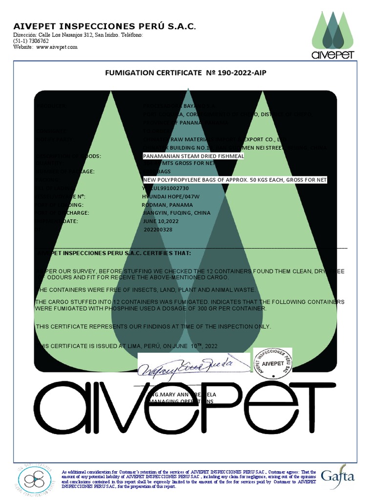 Fumigation Certificate N 190-2022-Aip | PDF | Freight Transport