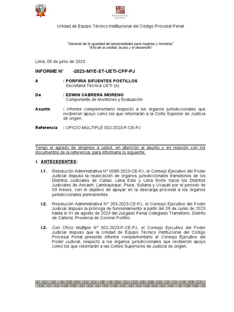 Informe Complementario Oficio Multiple Ce | PDF | Ley procesal | Judicaturas