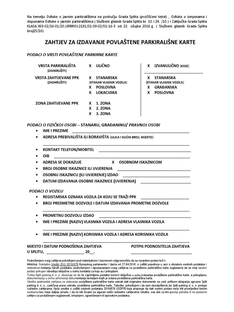 Zahtjev Za Izdavanje Povlaštene Parkirališne Karte Novo 2pdf | PDF