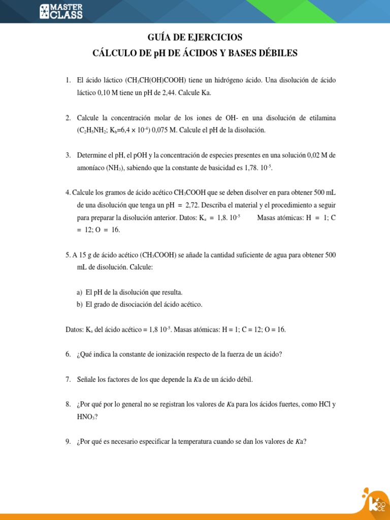 Ejercicios de pH en Ácidos y Bases Débiles | PDF | Ácido | Ph