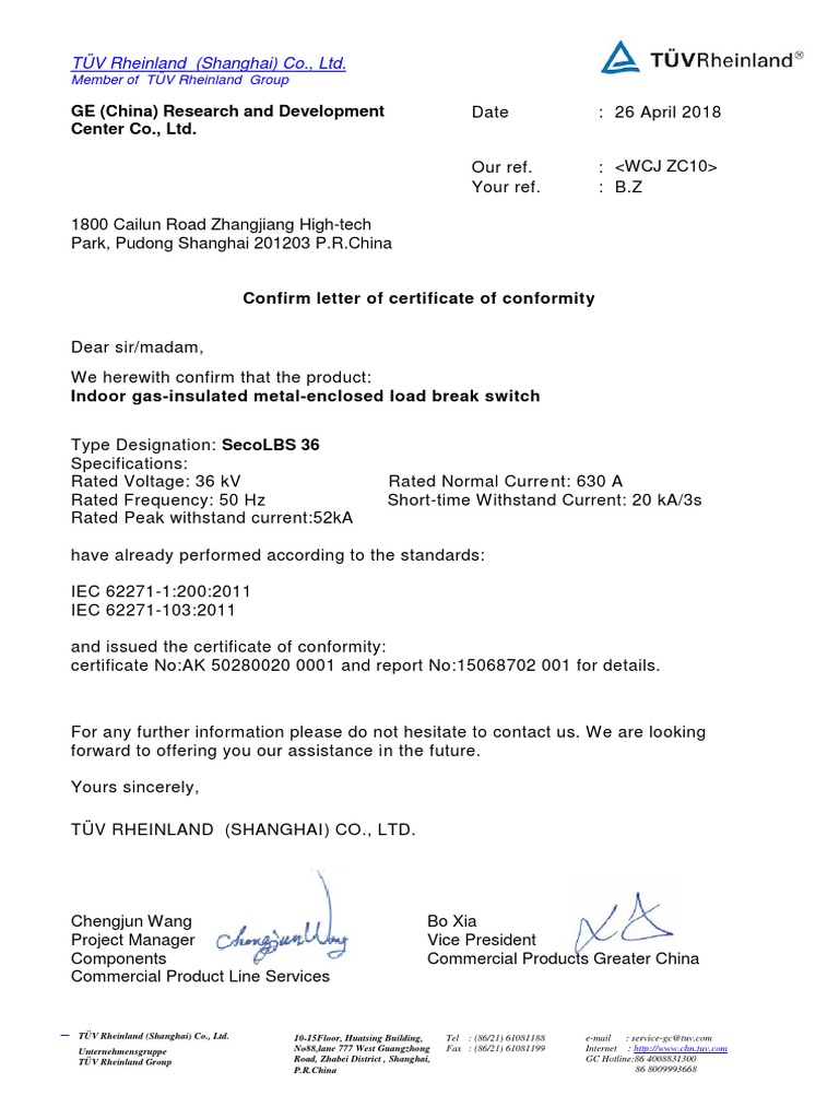 Confirm Letter of Certificate of Conformity | PDF