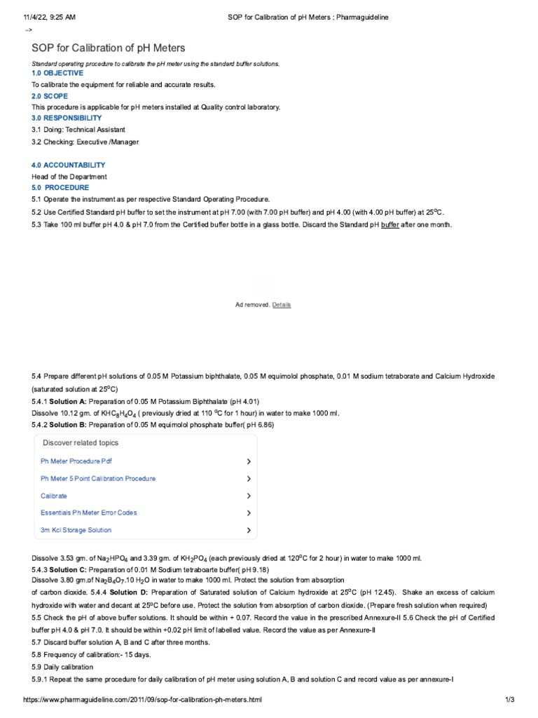 SOP For Calibration of PH Meters - Pharmaguideline | PDF