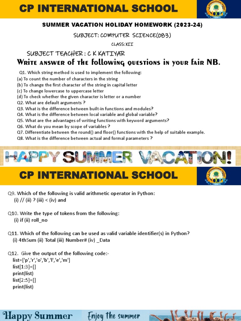 Class XII Summer Vacation Homework | PDF | Parameter (Computer Programming) | Software Development