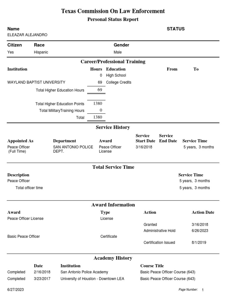 Eleazar Alejandro: TCOLE Status Report | PDF | Police | Law Enforcement ...