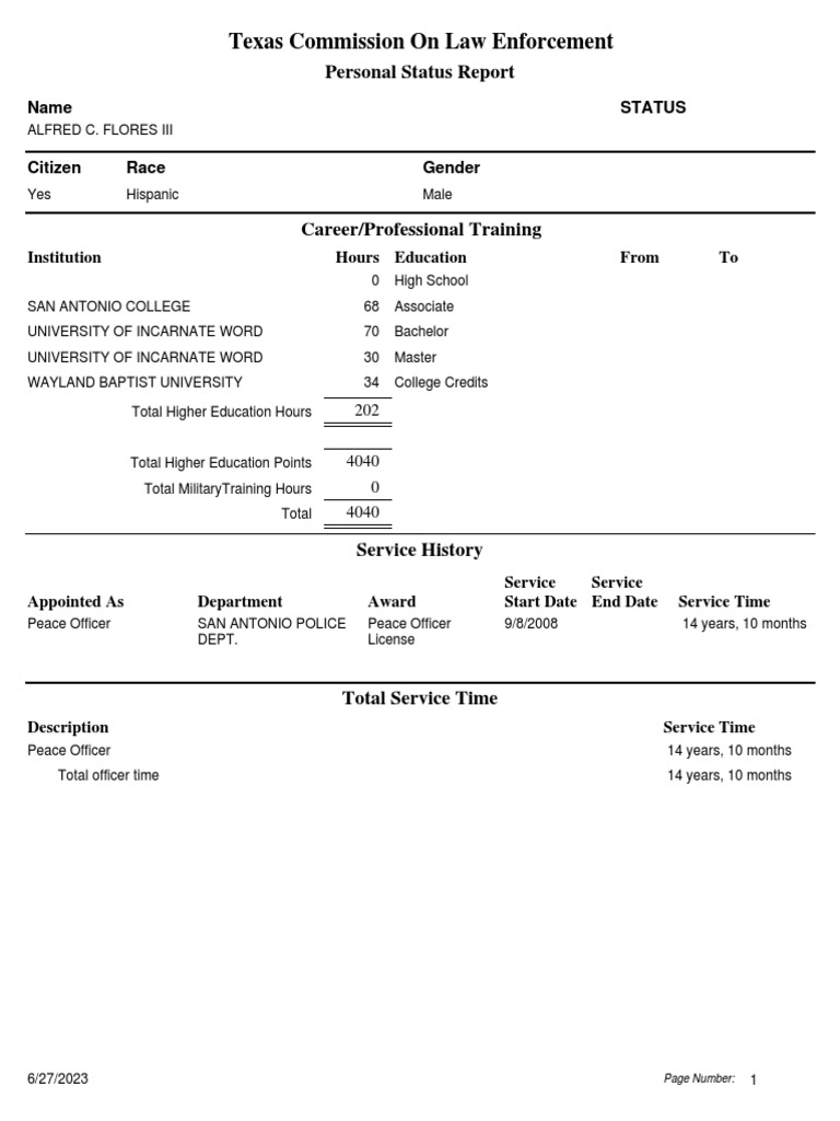 Sgt. Alfred Flores TCOLE | PDF | Police | Law Enforcement Officer
