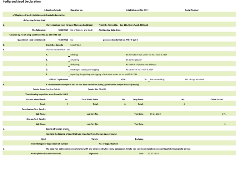 CSI Pedigreed Seed Declaration - Lot 4457-9-2254 | PDF | Seed | Food ...