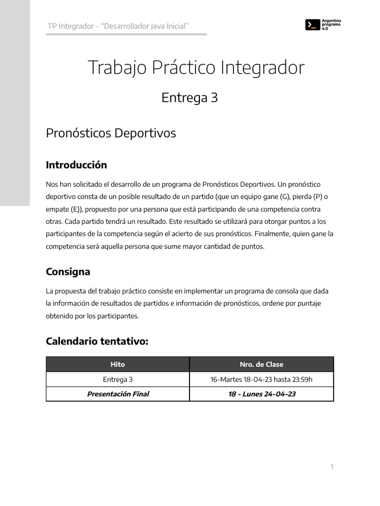 Enunciado TP Integrador - Desarrollador Java Inicial Entrega 3 | PDF | Java (lenguaje de ...