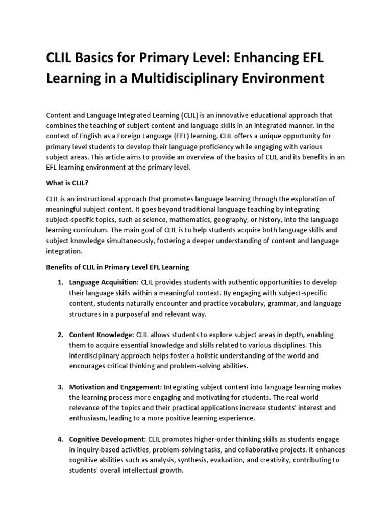 CLIL Basics For Primary Level Enhancing EFL Learning in A Multidisciplinary Environment | PDF ...
