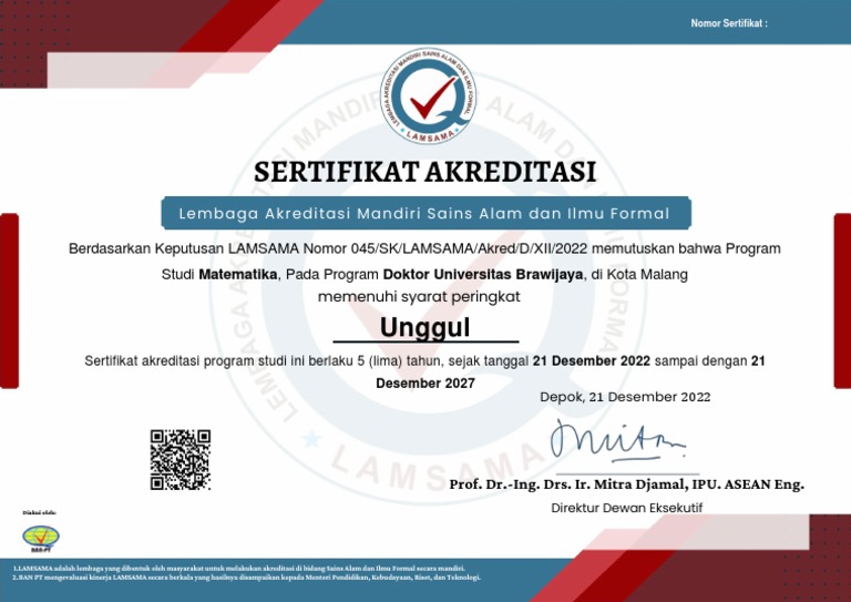 SK Akreditasi Doktor Matematika Universitas Brawijaya | PDF