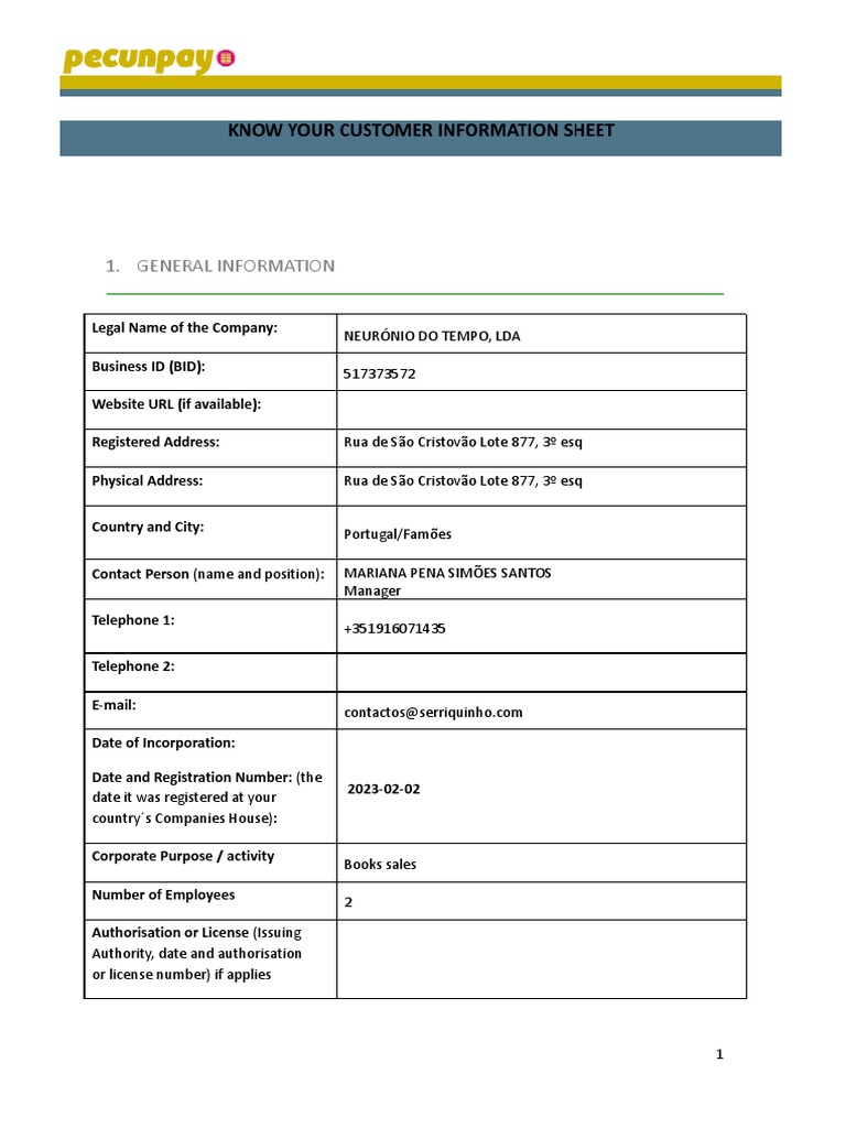 Kyc Info Sheet - Neurónio Do Tempo, Lda | PDF | Justice | Crime & Violence
