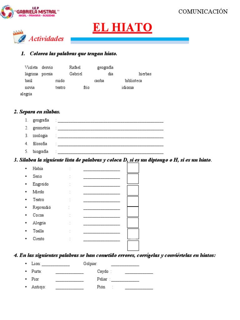 El Hiato Práctica | Descargar gratis PDF | Lingüística | Fonética