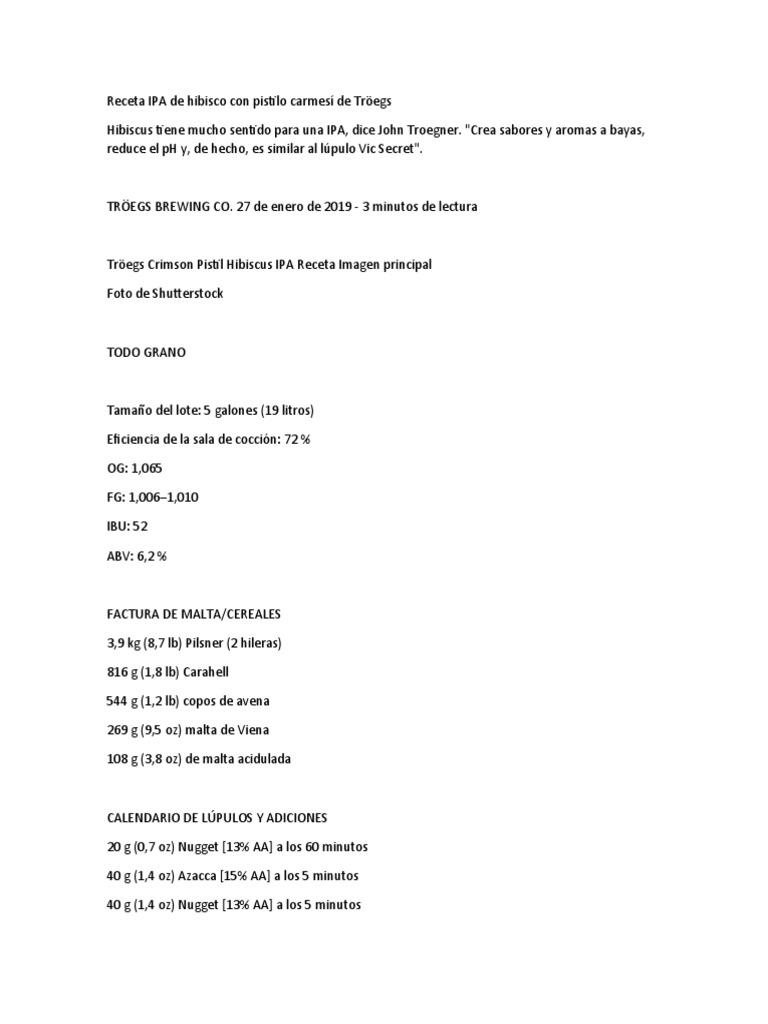 Receta IPA de Hibisco Con Pistilo Carmesí de Tröegs | PDF ...