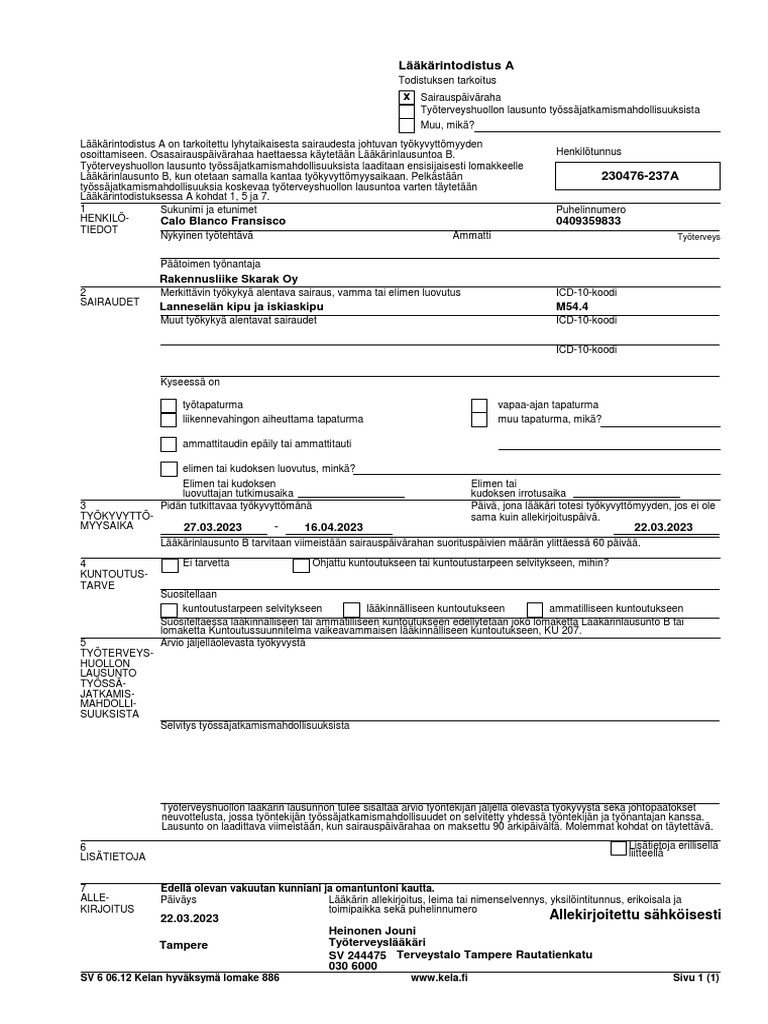 Calo Blanco Fransisco 0409359833: Lääkärintodistus A | PDF