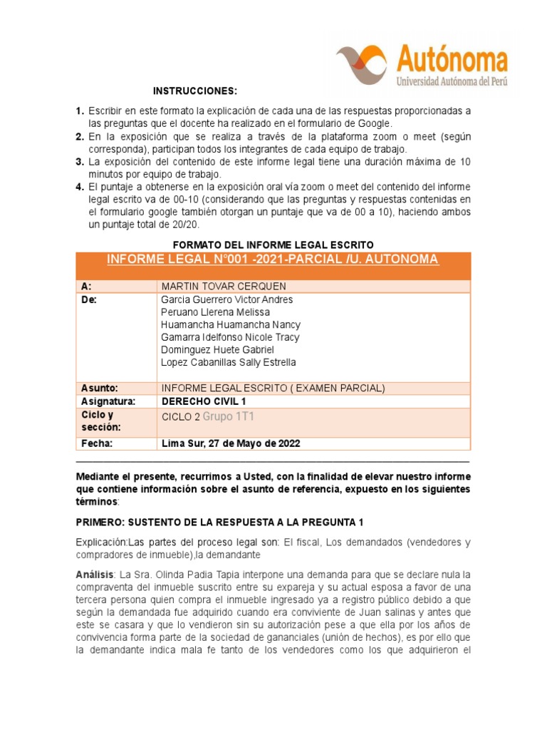 Informe Legal N°001 - 2021-Parcial /U. Autonoma: Grupo 1T1 | PDF | Propiedad | Derecho civil ...
