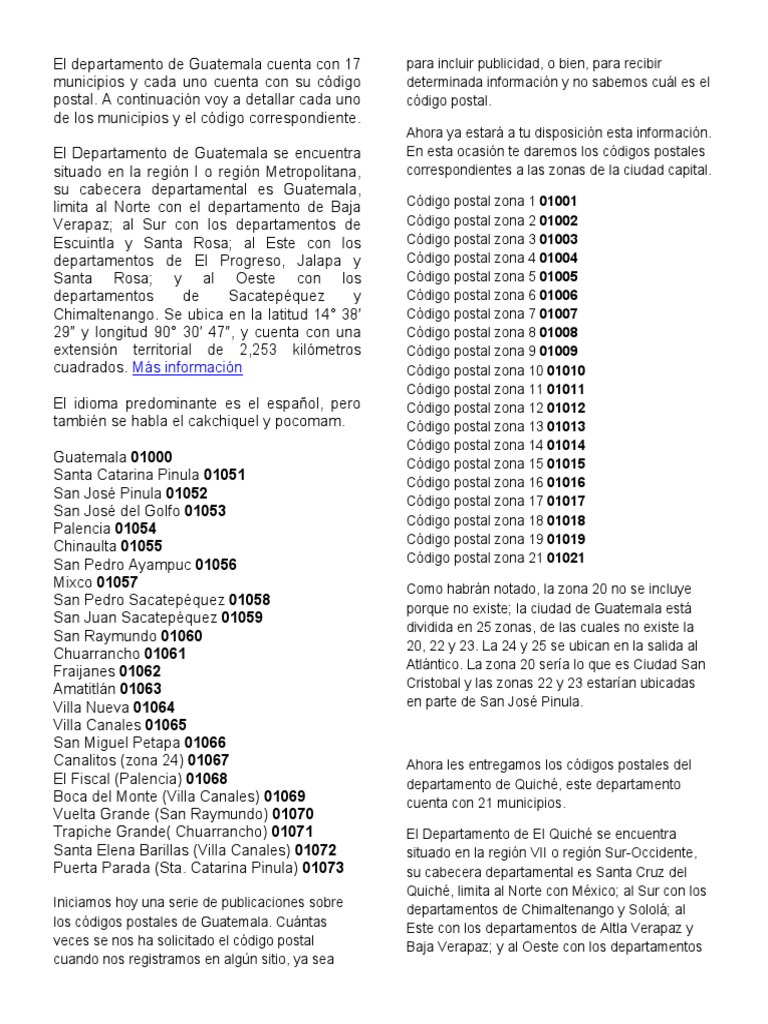 Códigos Postales Depto. Guatemala | PDF