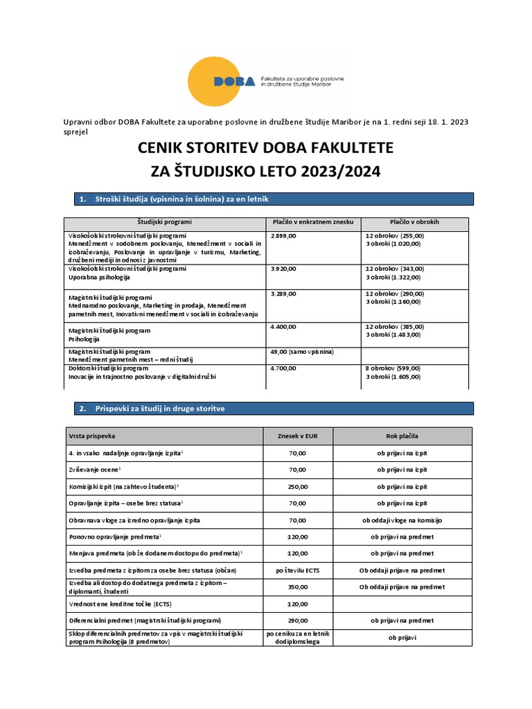 Cenik Storitev DOBA Fakultete - 2023 - 2024 | PDF
