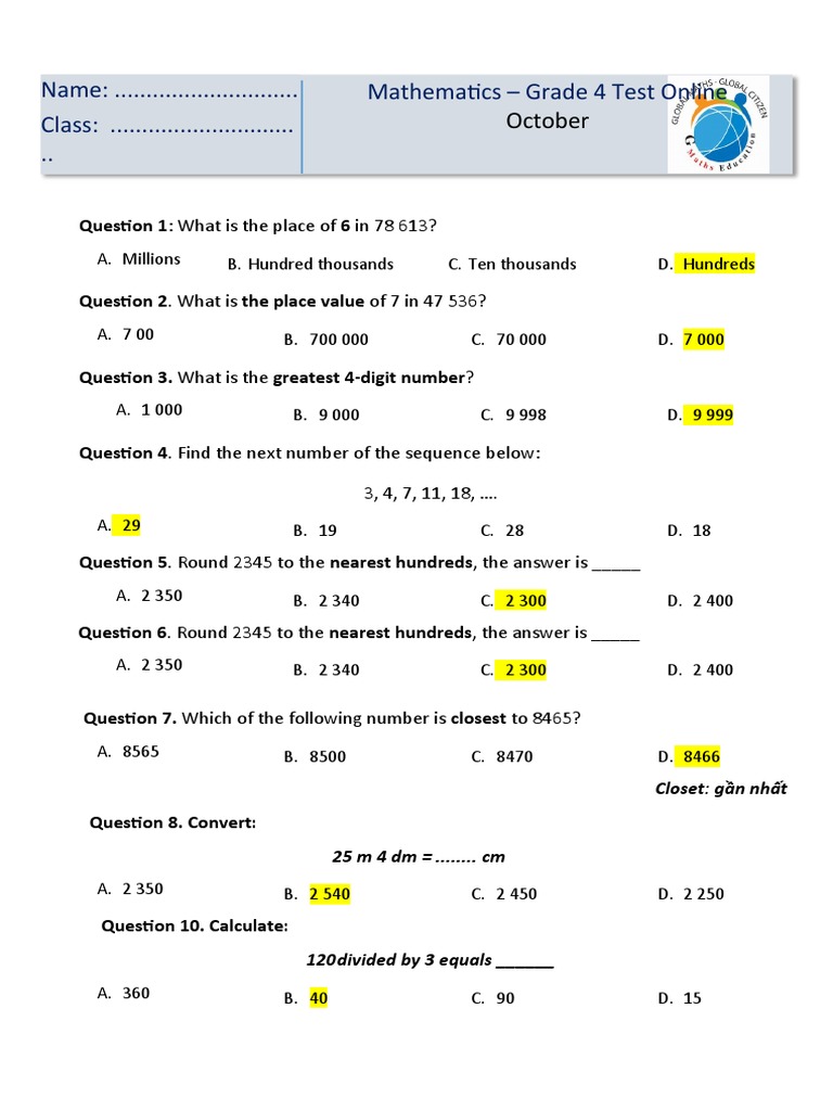 G4 Test Online - October | PDF | Mathematics | Arithmetic