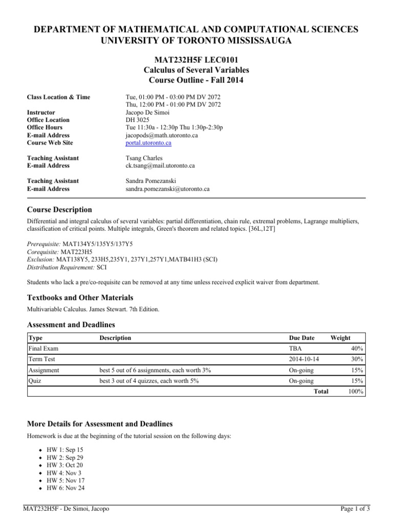 Mat232 Syllabus | PDF | Derivative | Gradient