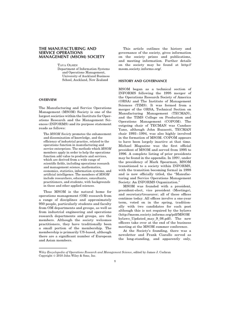Tava Olsen "THE MANUFACTURING AND SERVICE OPERATIONS MANAGEMENT (MSOM ...