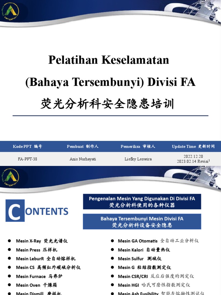 (FA-PPT-38) Pelatihan Keselamatan (Bahaya Tersembunyi) Divisi FA 荧光分析科安全培训（安全隐患） | PDF