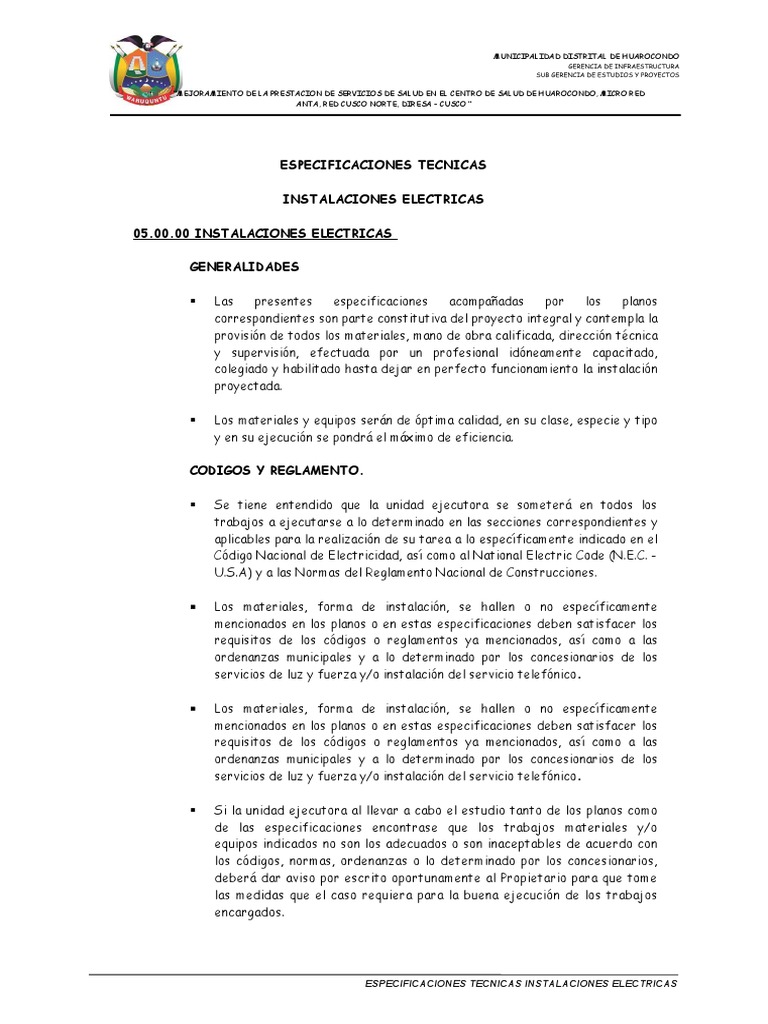 Especificaciones Tecnicas Huoarocondo | PDF | Conductor electrico | Cobre