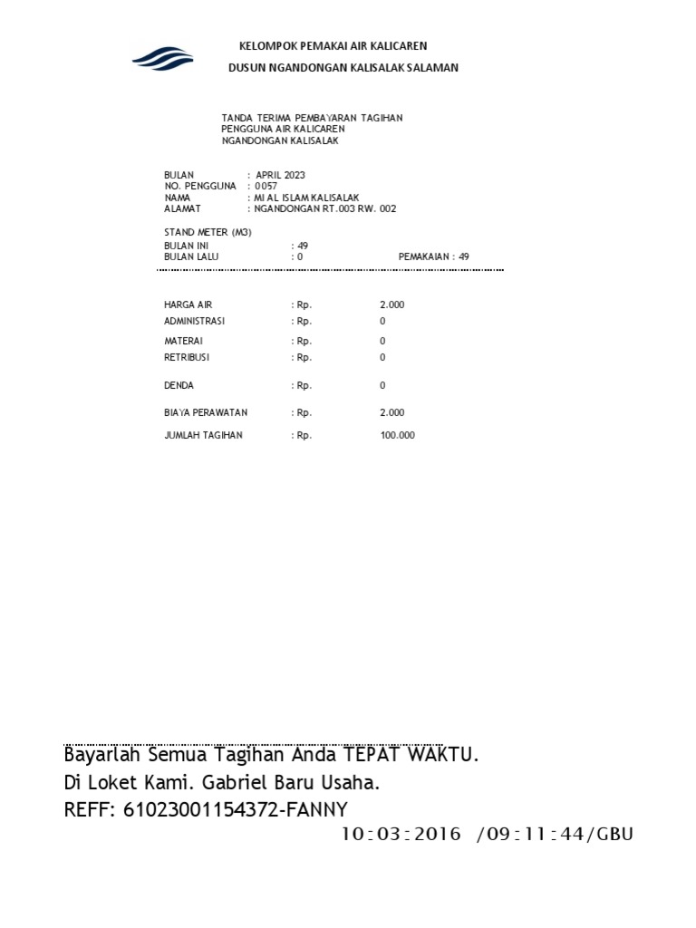 Contoh Struk Pembayaran PDAM | PDF | Pengelolaan Keuangan & Uang