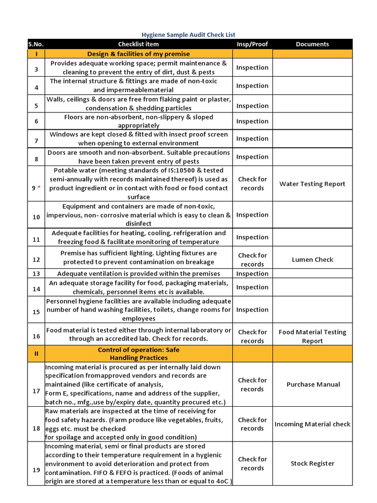 Hygiene Audit Checklist for Food Safety | PDF | Hygiene | Food Safety