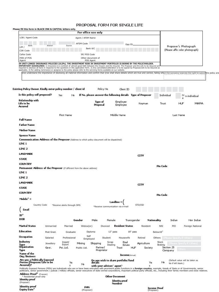Proposal Form For Single Life | PDF | Insurance | Life Insurance