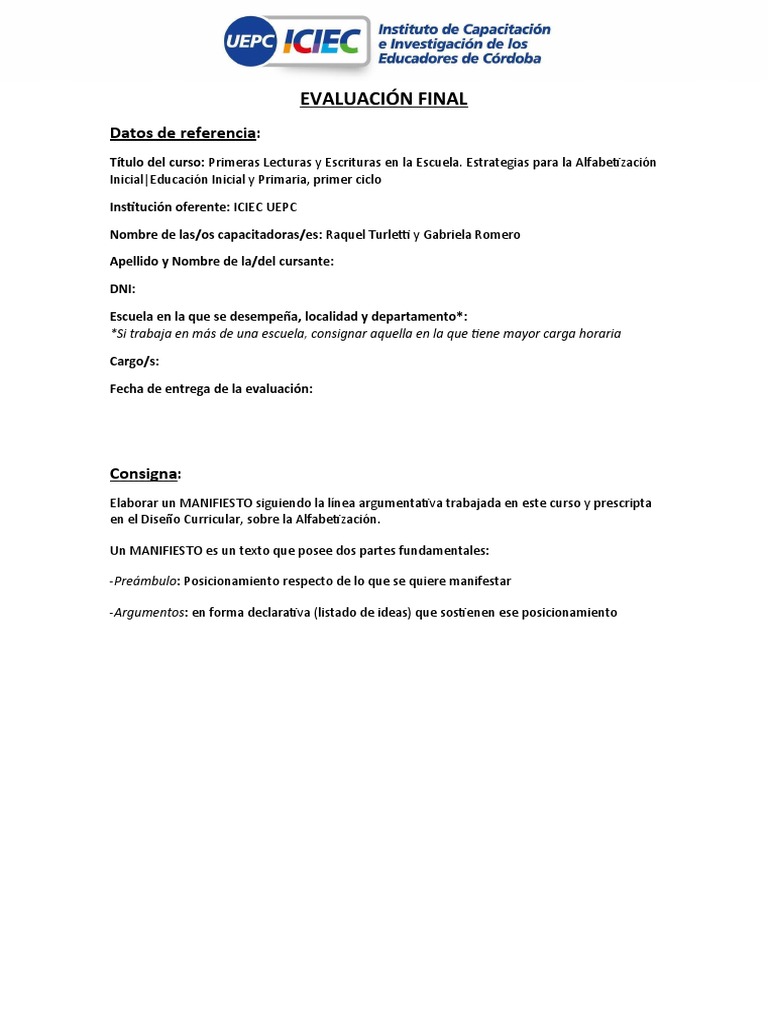 CONSIGNA DE EVALUACIÓN FINAL - ALFABETIZACION | PDF