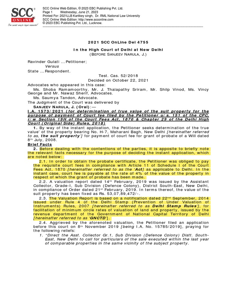 Delhi High Court Probate Fee Valuation | PDF | Valuation (Finance ...