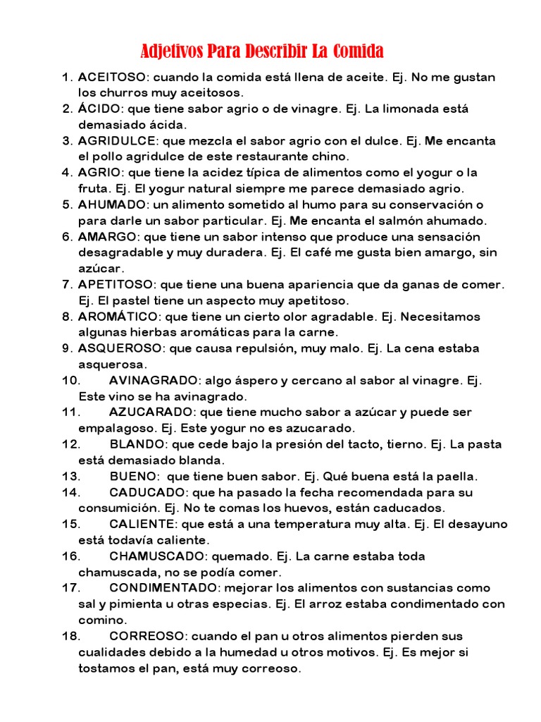 Adjetivos ' La Comida | PDF | Gusto | Alimentos