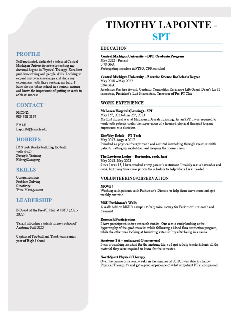 Timothy Lapointe - : Profile | PDF | Physical Therapy | Health Care