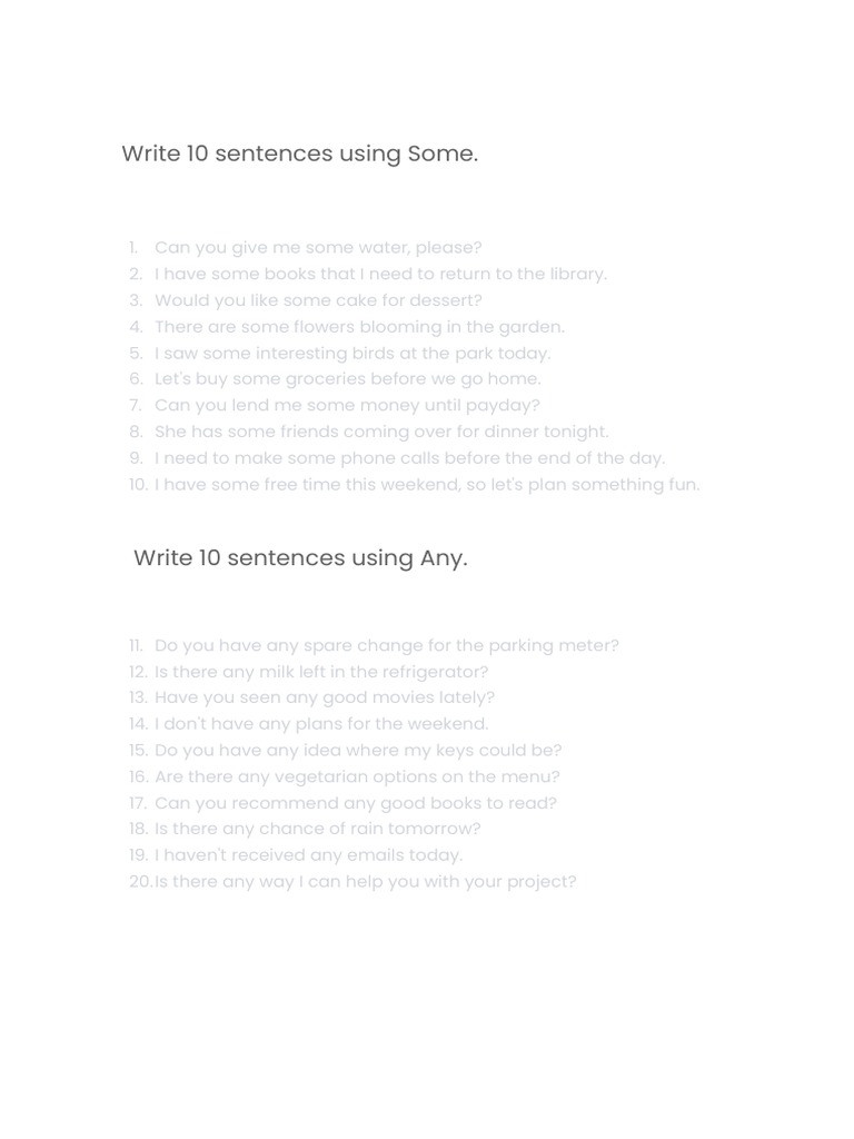 Write 10 Sentences Using Some Write 10 Sentences Using Any Gadiel Gómez ...