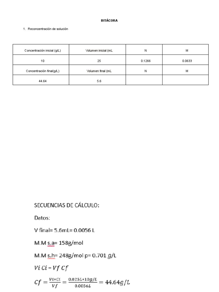Reconcentración de Solución: Bitácora | PDF | Valoración | Química