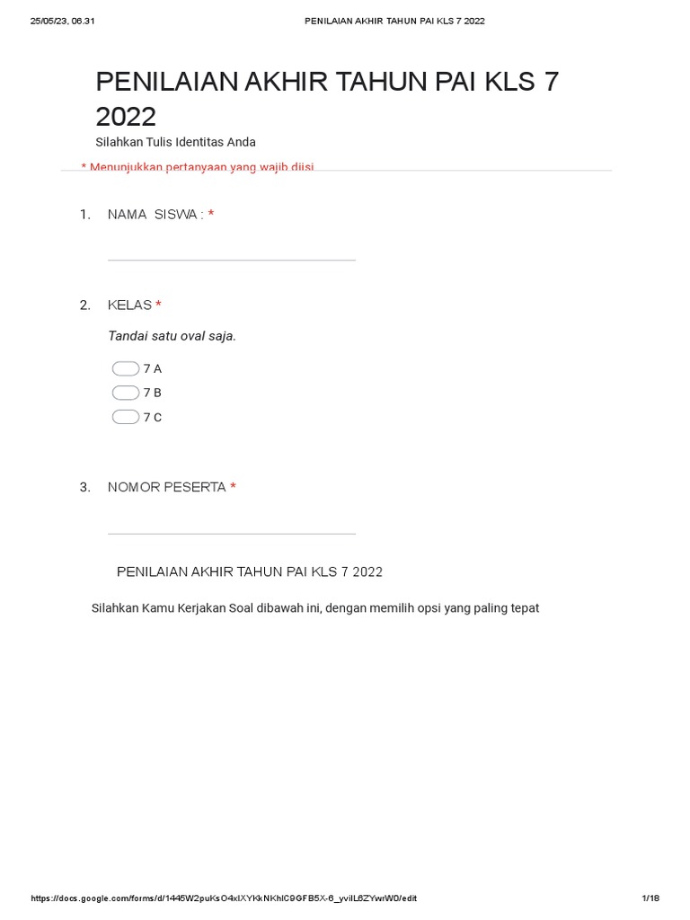 SOAL PAT PAI KLS 7 2022 - Google Formulir | PDF