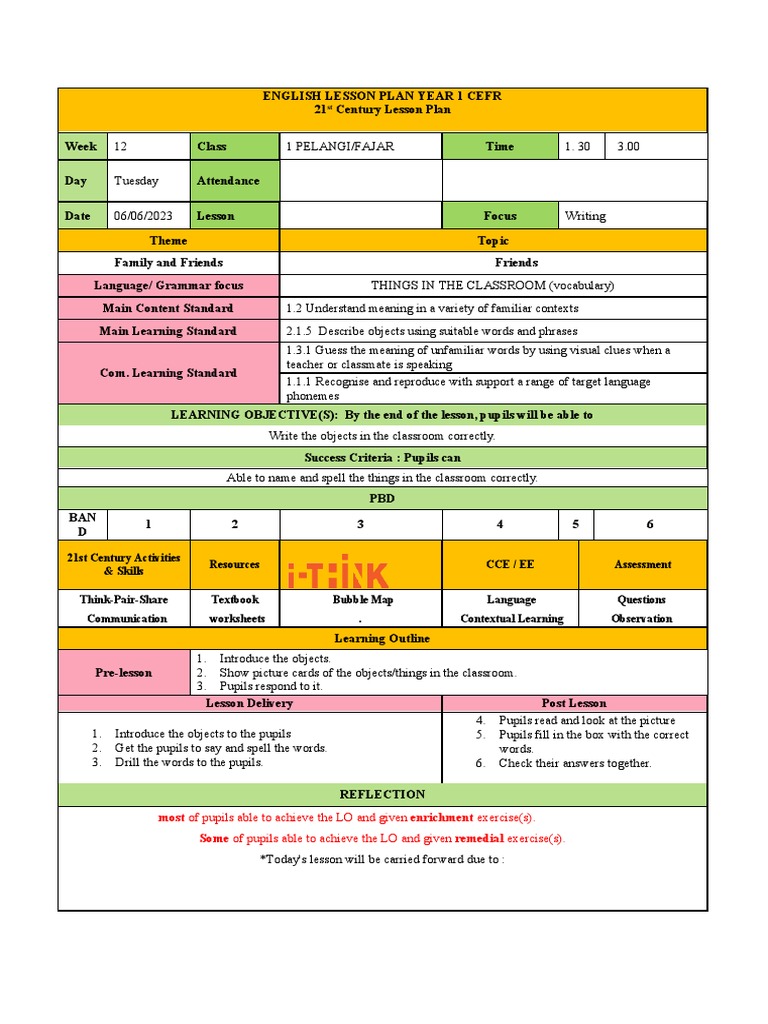 RPH Tahun 1 English Minggu 12 | PDF | Lesson Plan | Vocabulary