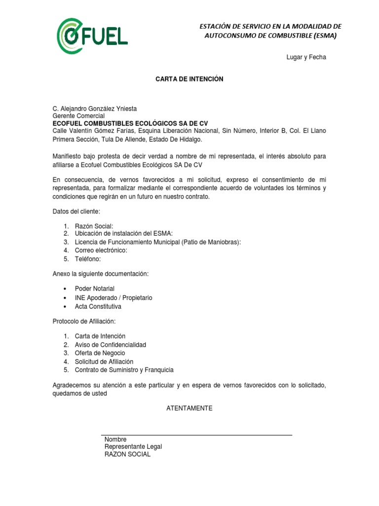 Carta Intencion Ecofuel | PDF