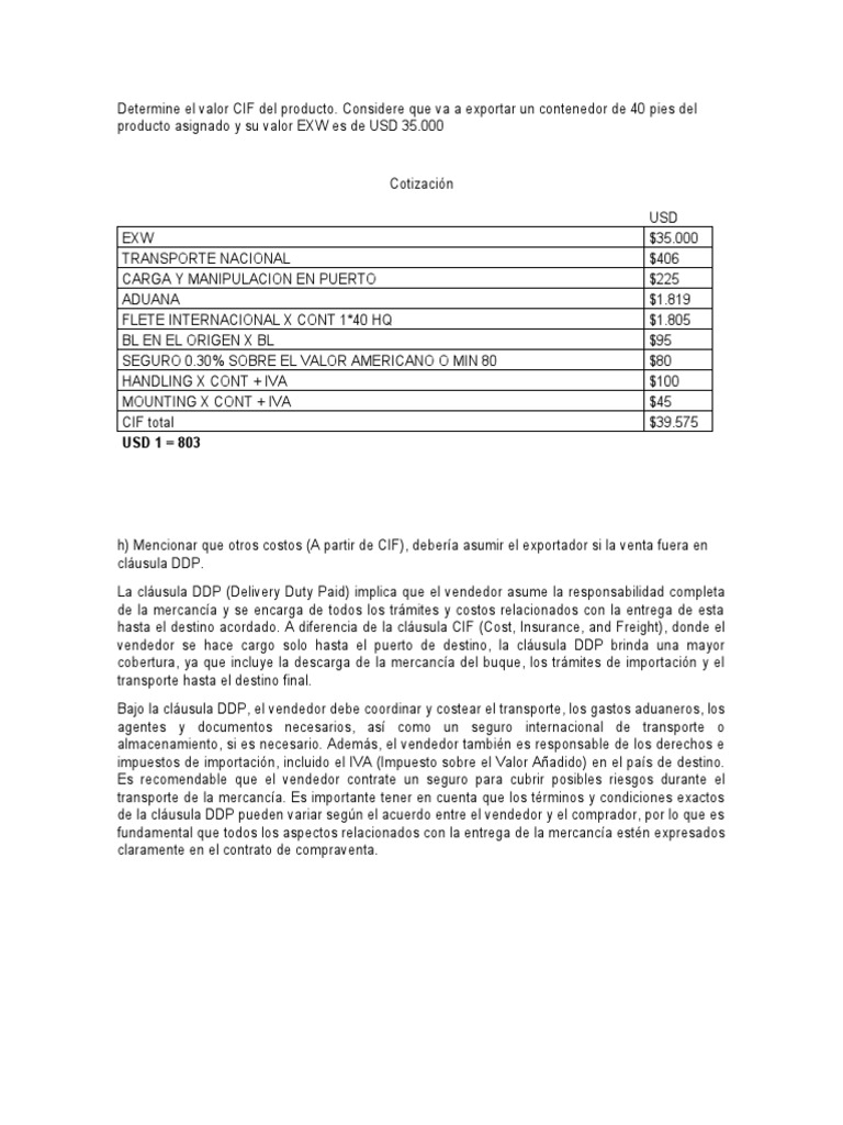 Cálculo de CIF y costos DDP en exportación | PDF | Economias | Business